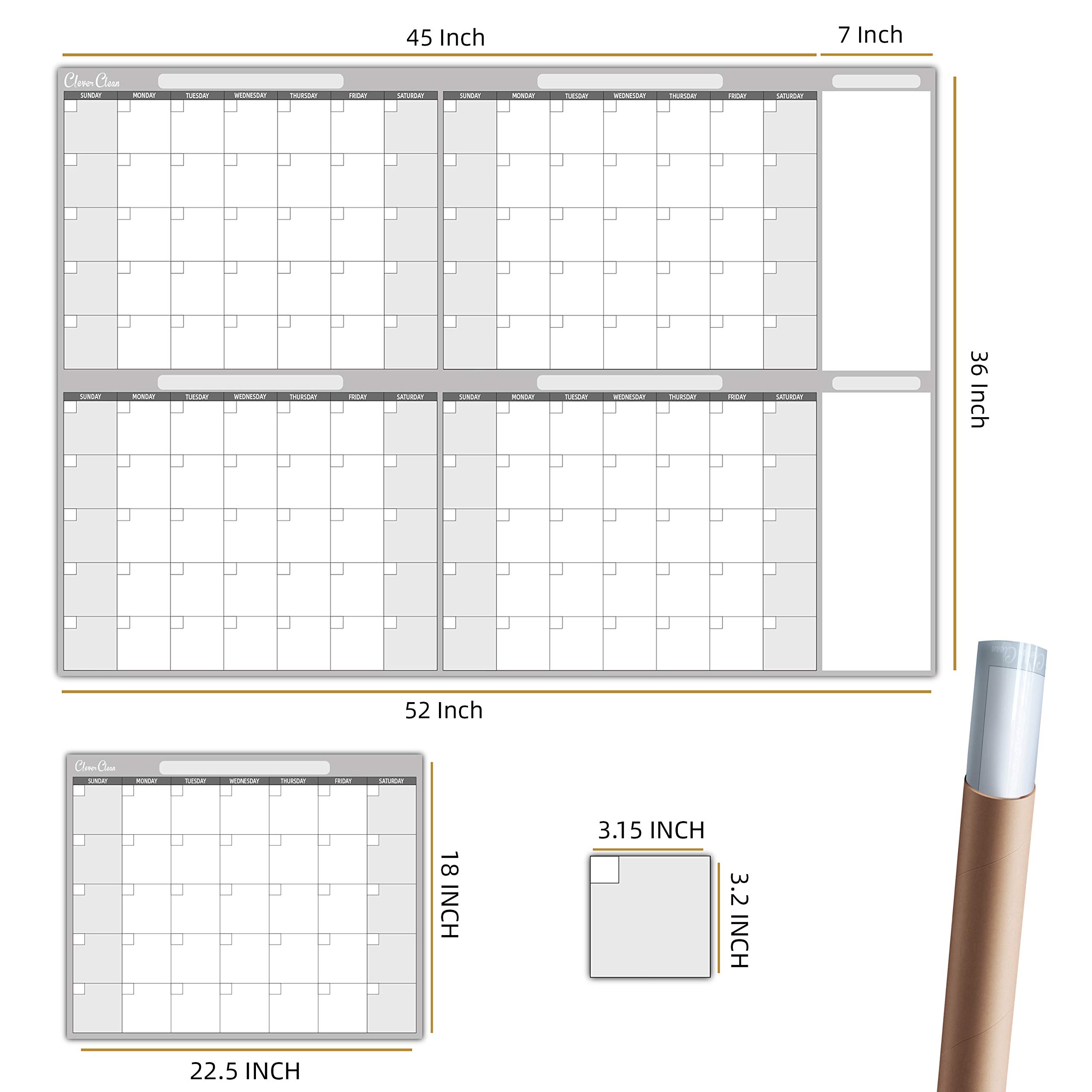 CLEVER CLEAN Large Dry Erase Wall Calendar - 36" x 52" Undated 4-Month Calendar for Home, Office, School - Reusable Jumbo Laminated Task Organizer