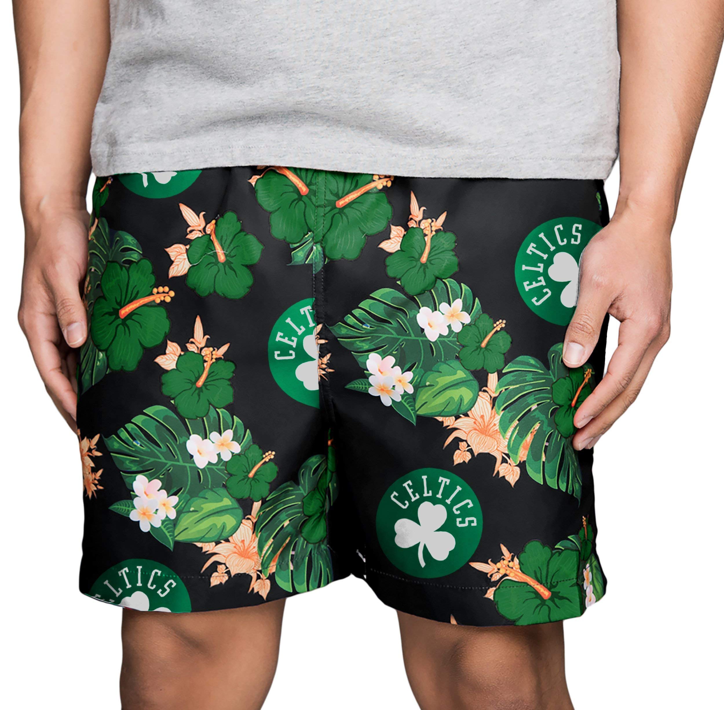 FOCO NBA Boston Celtics Mens Team Logo Floral Hawaiian Swim Suit Trunksteam Logo Floral Hawaiian Swim Suit Trunks, Team Color, L/ 31' - 33'