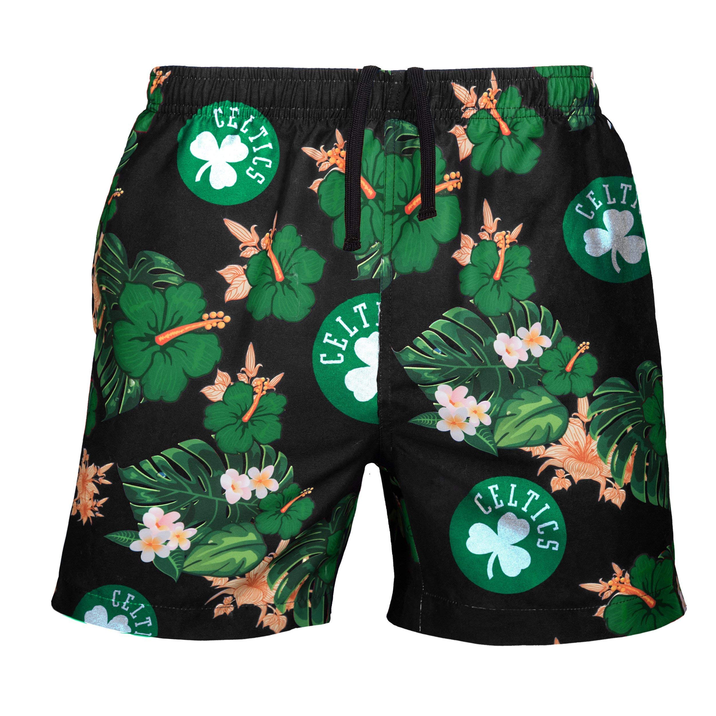 FOCO NBA Boston Celtics Mens Team Logo Floral Hawaiian Swim Suit Trunksteam Logo Floral Hawaiian Swim Suit Trunks, Team Color, L/ 31' - 33'