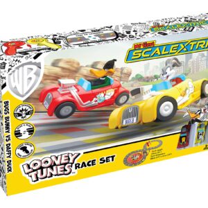 Scalextric Micro Scalextric My First Looney Tunes Bugs Bunny vs Daffy Duck Battery Powered 1:64 Slot Car Race Track Set G1141T, Yellow & Red