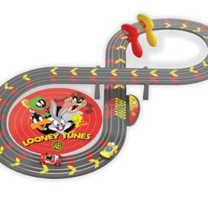 Scalextric Micro Scalextric My First Looney Tunes Bugs Bunny vs Daffy Duck Battery Powered 1:64 Slot Car Race Track Set G1141T, Yellow & Red