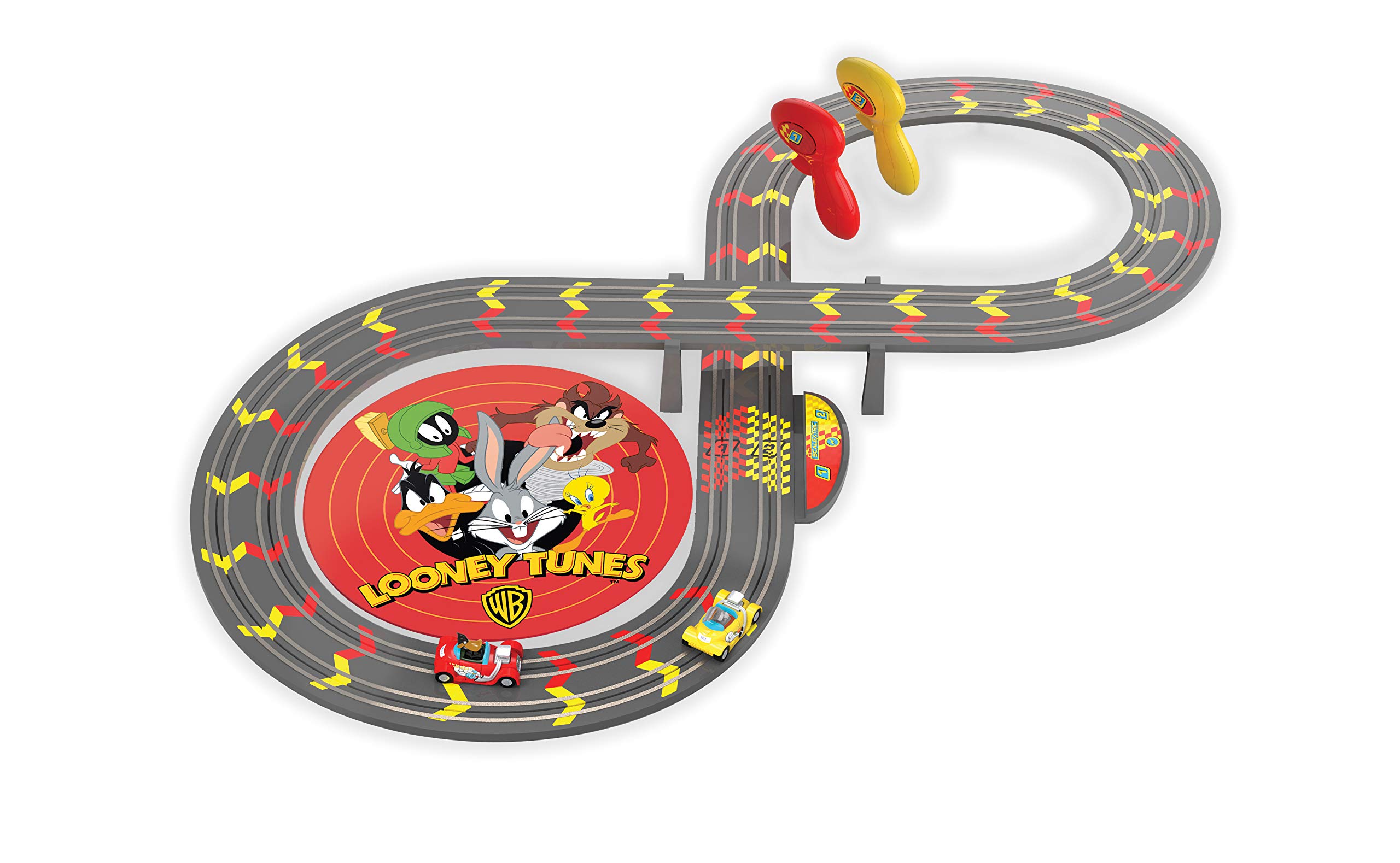 Scalextric Micro Scalextric My First Looney Tunes Bugs Bunny vs Daffy Duck Battery Powered 1:64 Slot Car Race Track Set G1141T, Yellow & Red