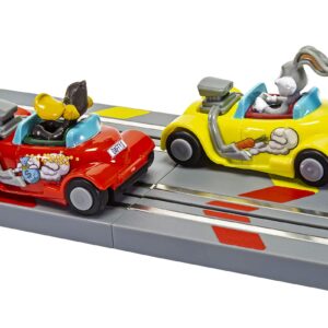 Scalextric Micro Scalextric My First Looney Tunes Bugs Bunny vs Daffy Duck Battery Powered 1:64 Slot Car Race Track Set G1141T, Yellow & Red