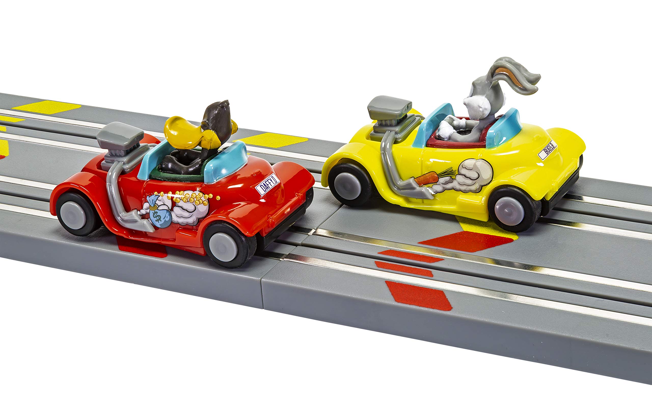 Scalextric Micro Scalextric My First Looney Tunes Bugs Bunny vs Daffy Duck Battery Powered 1:64 Slot Car Race Track Set G1141T, Yellow & Red