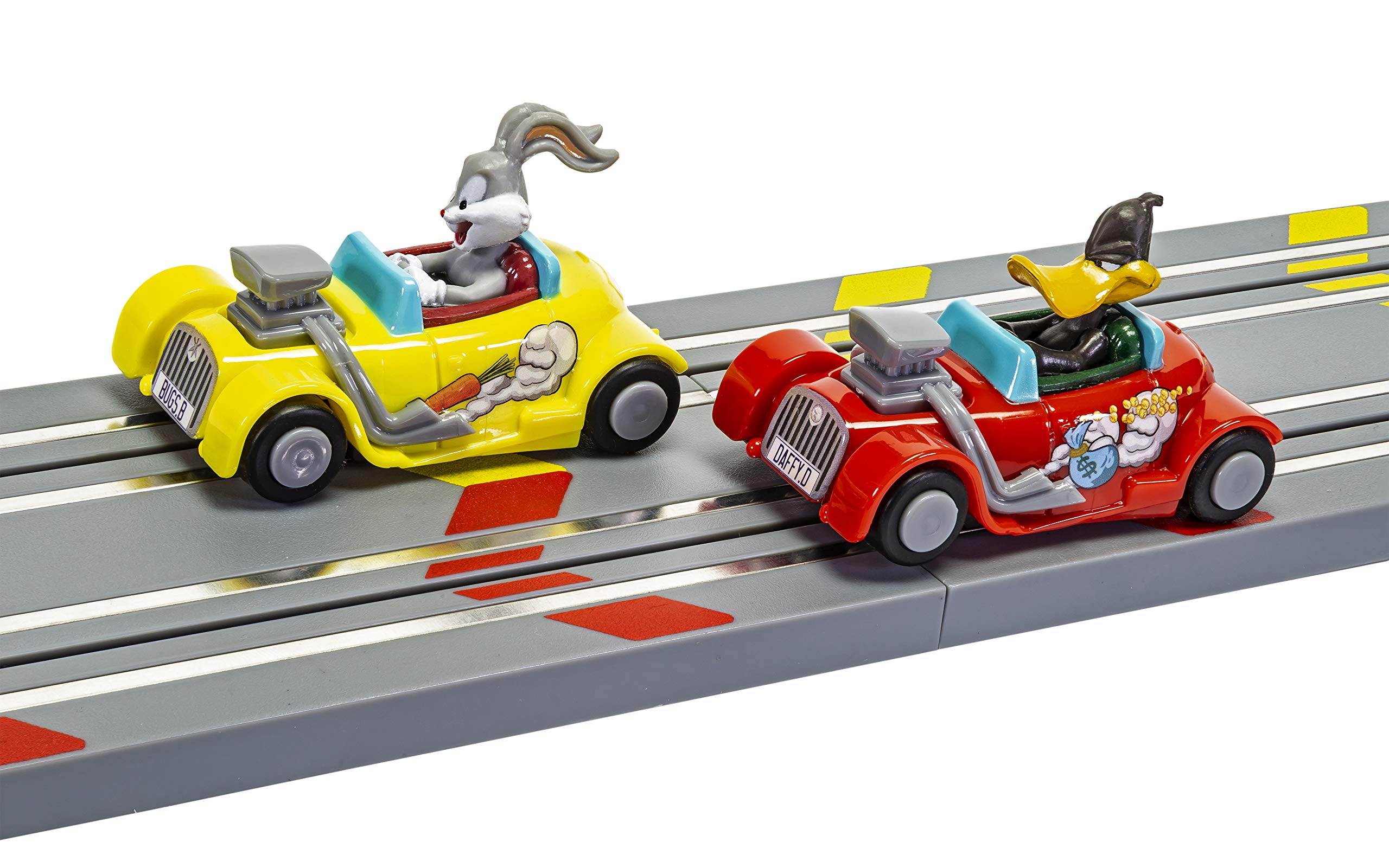 Scalextric Micro Scalextric My First Looney Tunes Bugs Bunny vs Daffy Duck Battery Powered 1:64 Slot Car Race Track Set G1141T, Yellow & Red