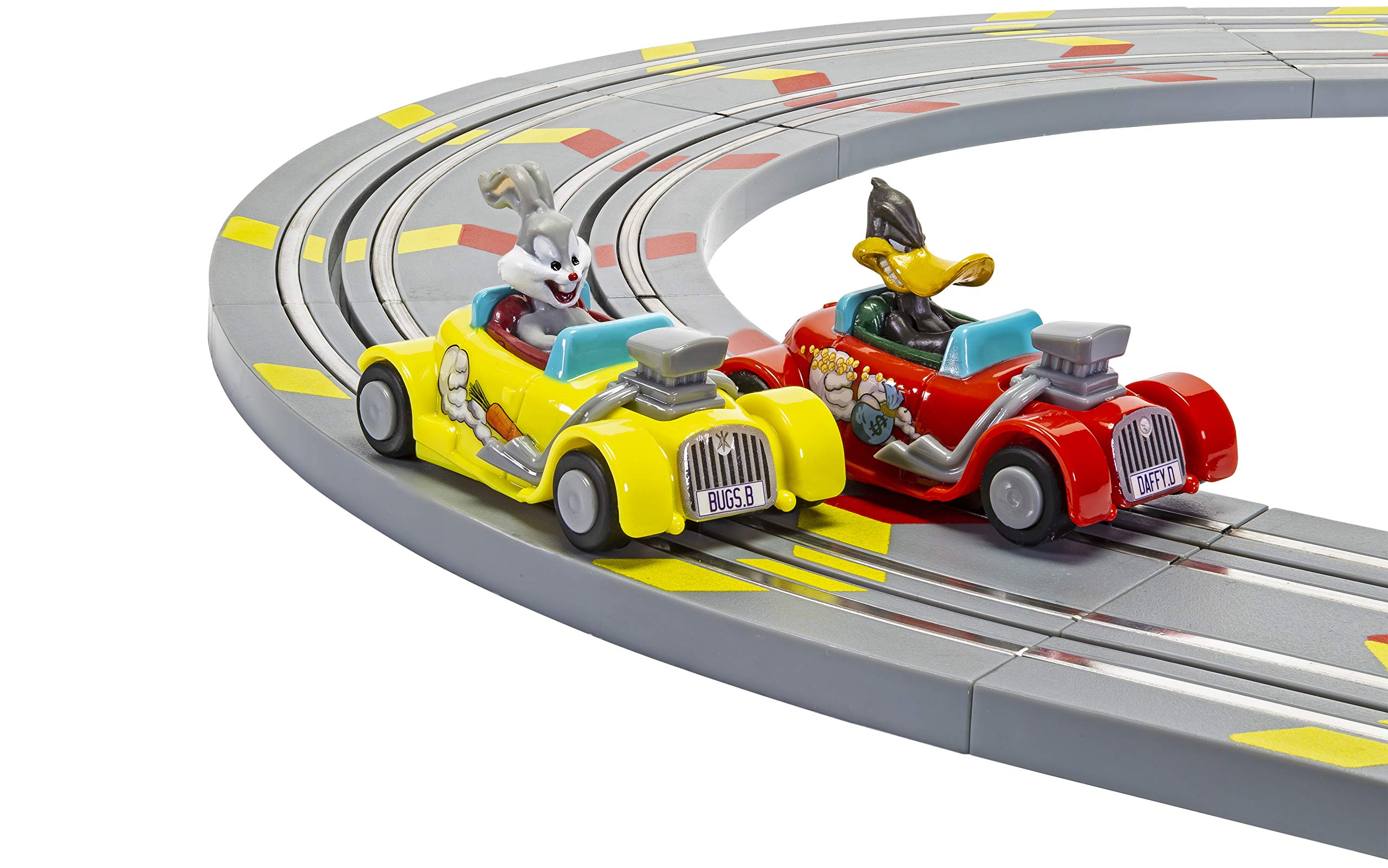 Scalextric Micro Scalextric My First Looney Tunes Bugs Bunny vs Daffy Duck Battery Powered 1:64 Slot Car Race Track Set G1141T, Yellow & Red