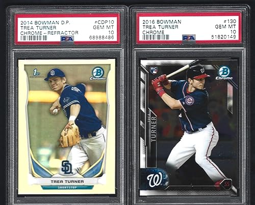 PSA 10 BOWMAN CHROME REFRACTOR & BOWMAN CHROME TREA TURNER 2 CARD ROOKIE BASEBALL LOT GRADED PSA GEM MNIT 10 SUPERSTAR PLAYER