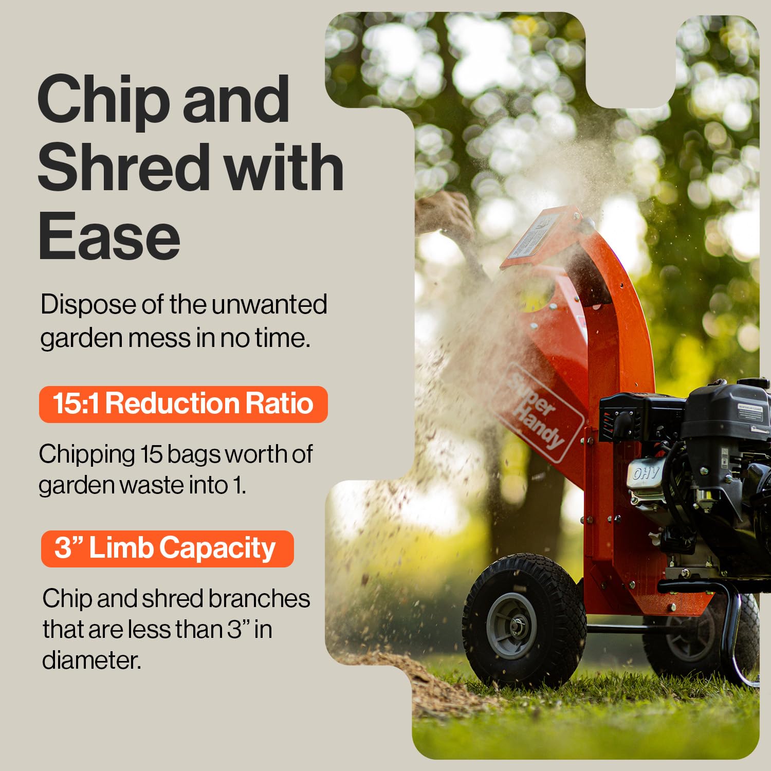 SuperHandy Mini Wood Chipper Shredder Mulcher Heavy Duty 7HP Compact Design 3" Inch Max Capacity