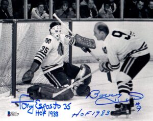 beckett bas bobby hull & tony esposito dual autographed signed chicago blackhawks in-action 8x10 photo photograph