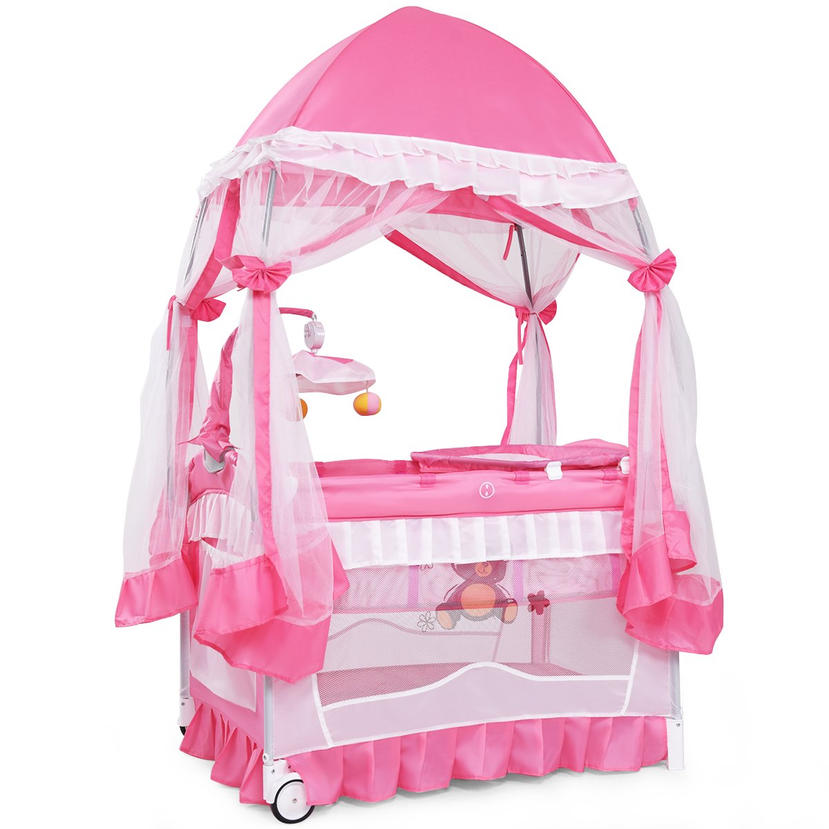 BABY JOY 4 in 1 Pack and Play with Extended Canopy, Portable Baby Playard Bedside Sleeper with Side Zipper Entrance, Wheels & Brake, Baby Girl Pink Bassinet Crib from Newborn to Toddler