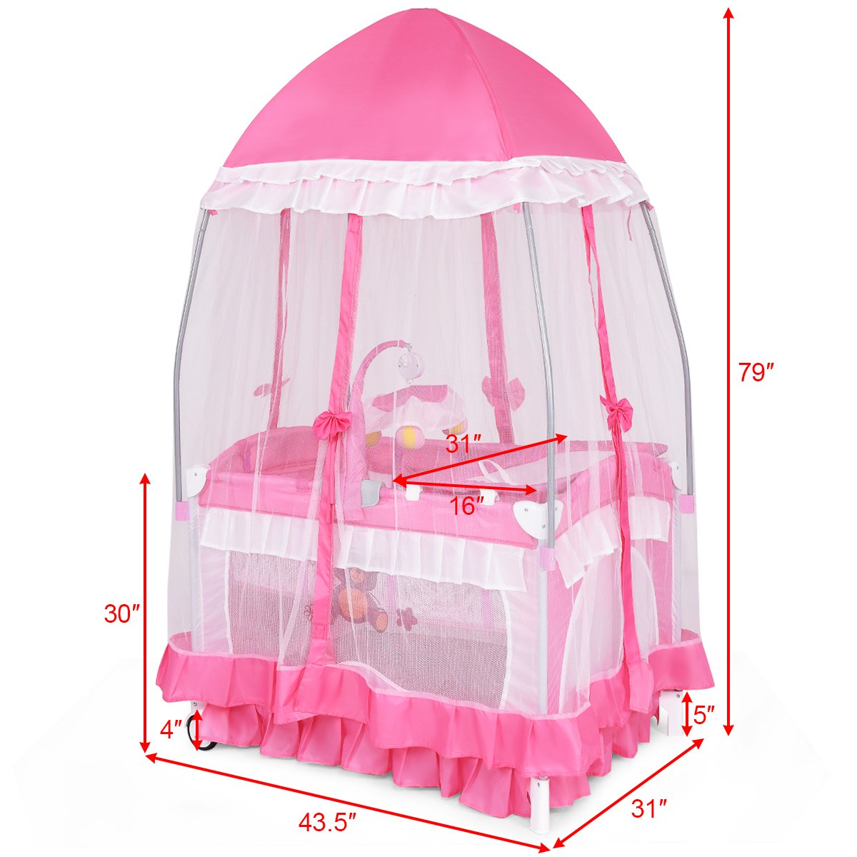 BABY JOY 4 in 1 Pack and Play with Extended Canopy, Portable Baby Playard Bedside Sleeper with Side Zipper Entrance, Wheels & Brake, Baby Girl Pink Bassinet Crib from Newborn to Toddler