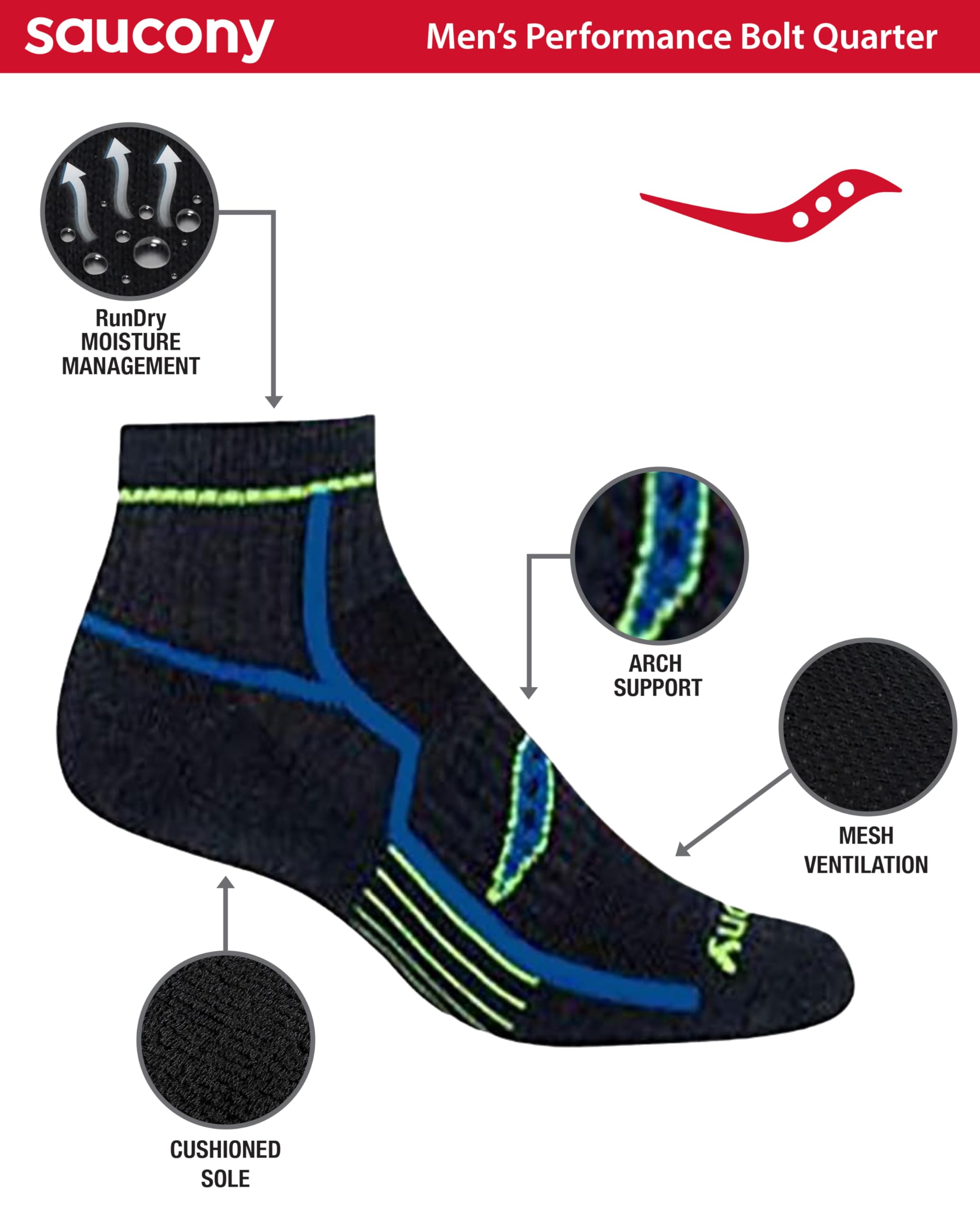 Saucony Men's Multi-Pack Bolt Performance Quarter Socks, Grey (6 Pairs), Shoe Size: 8-12