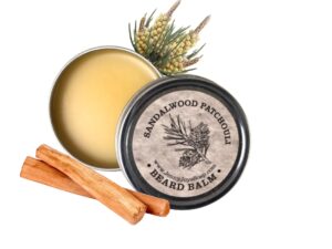 made in usa beard balm for men-sandalwood & patchouli scent-mustache wax conditioner and moisturizer-rich nutrients beeswax, jojoba, coconut oil & pinon pine resin-beard wax for men for grooming 2 0z