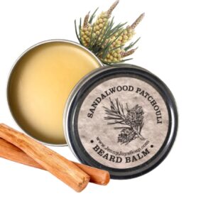 Made in USA Beard Balm for Men-Sandalwood & Patchouli Scent-Mustache Wax Conditioner and Moisturizer-Rich Nutrients Beeswax, Jojoba, Coconut Oil & Pinon Pine Resin-Beard Wax for Men for Grooming 2 0Z