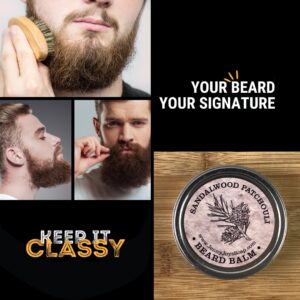 Made in USA Beard Balm for Men-Sandalwood & Patchouli Scent-Mustache Wax Conditioner and Moisturizer-Rich Nutrients Beeswax, Jojoba, Coconut Oil & Pinon Pine Resin-Beard Wax for Men for Grooming 2 0Z