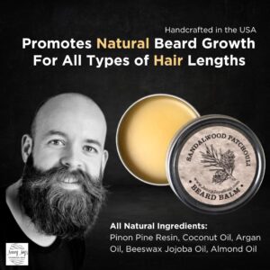 Made in USA Beard Balm for Men-Sandalwood & Patchouli Scent-Mustache Wax Conditioner and Moisturizer-Rich Nutrients Beeswax, Jojoba, Coconut Oil & Pinon Pine Resin-Beard Wax for Men for Grooming 2 0Z