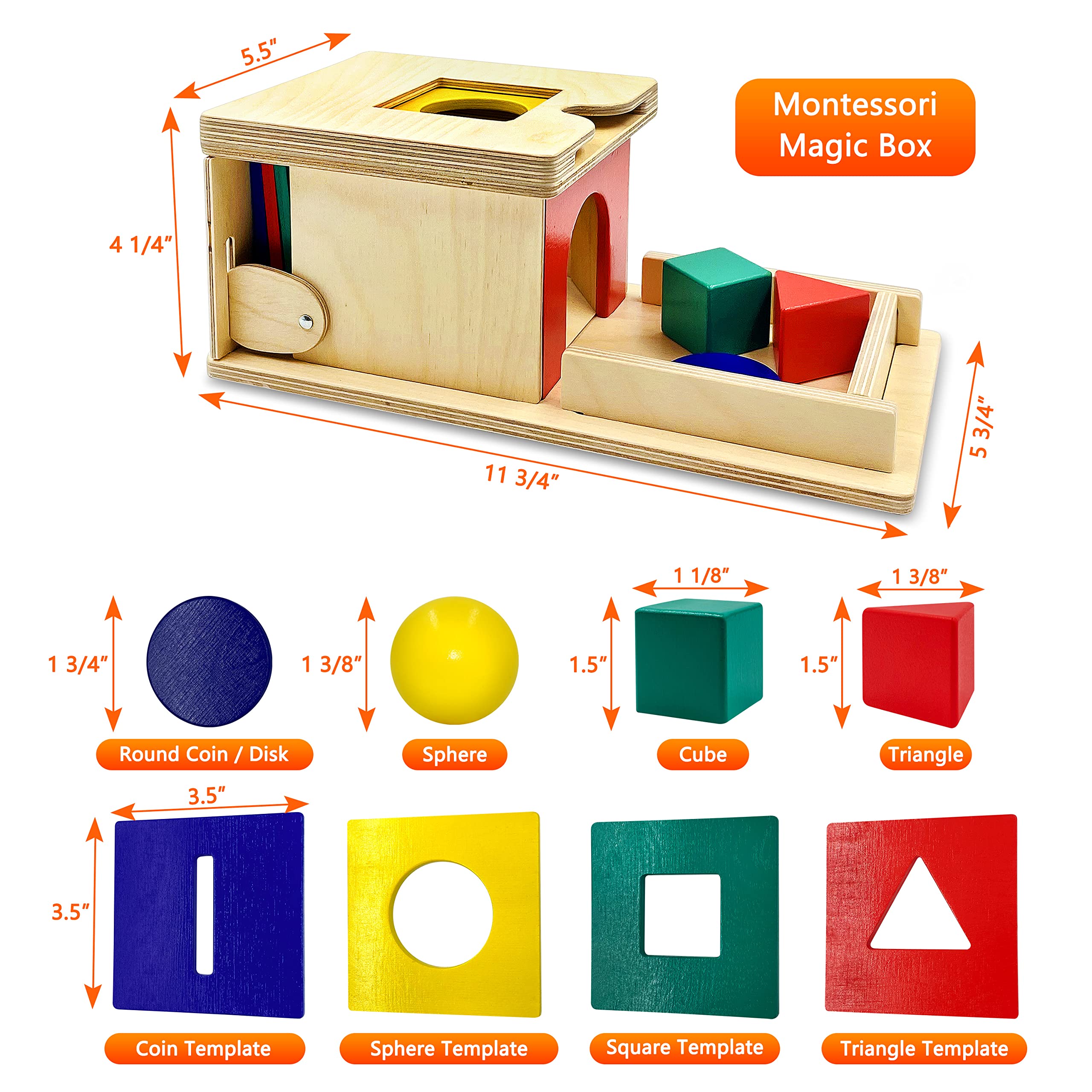 Templeton Montessori Wooden Shape Sorter & Object Permanence Toy with New Stay-Put Swappable Shape Templates