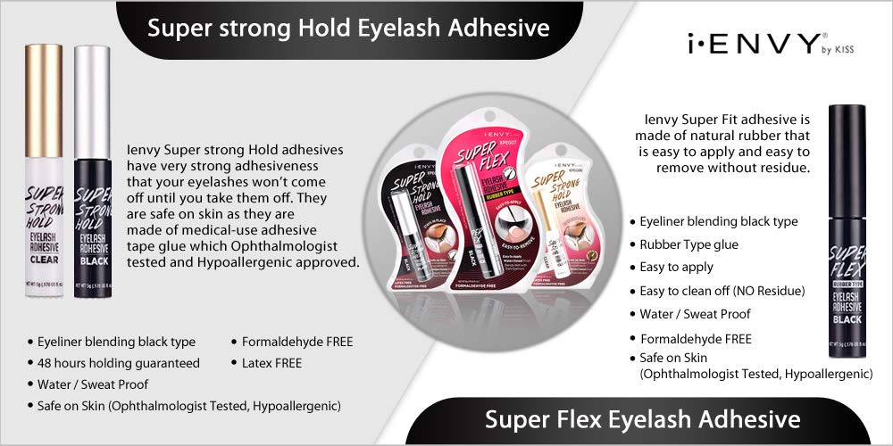 i-Envy by KISS Super Strong Hold Eyelash Adhesive, Waterproof Long-Lasting Strip Lash Glue, Natural-Looking Allergy & Latex Free with Brush Applicator (Clear & Black, Combo Pack)