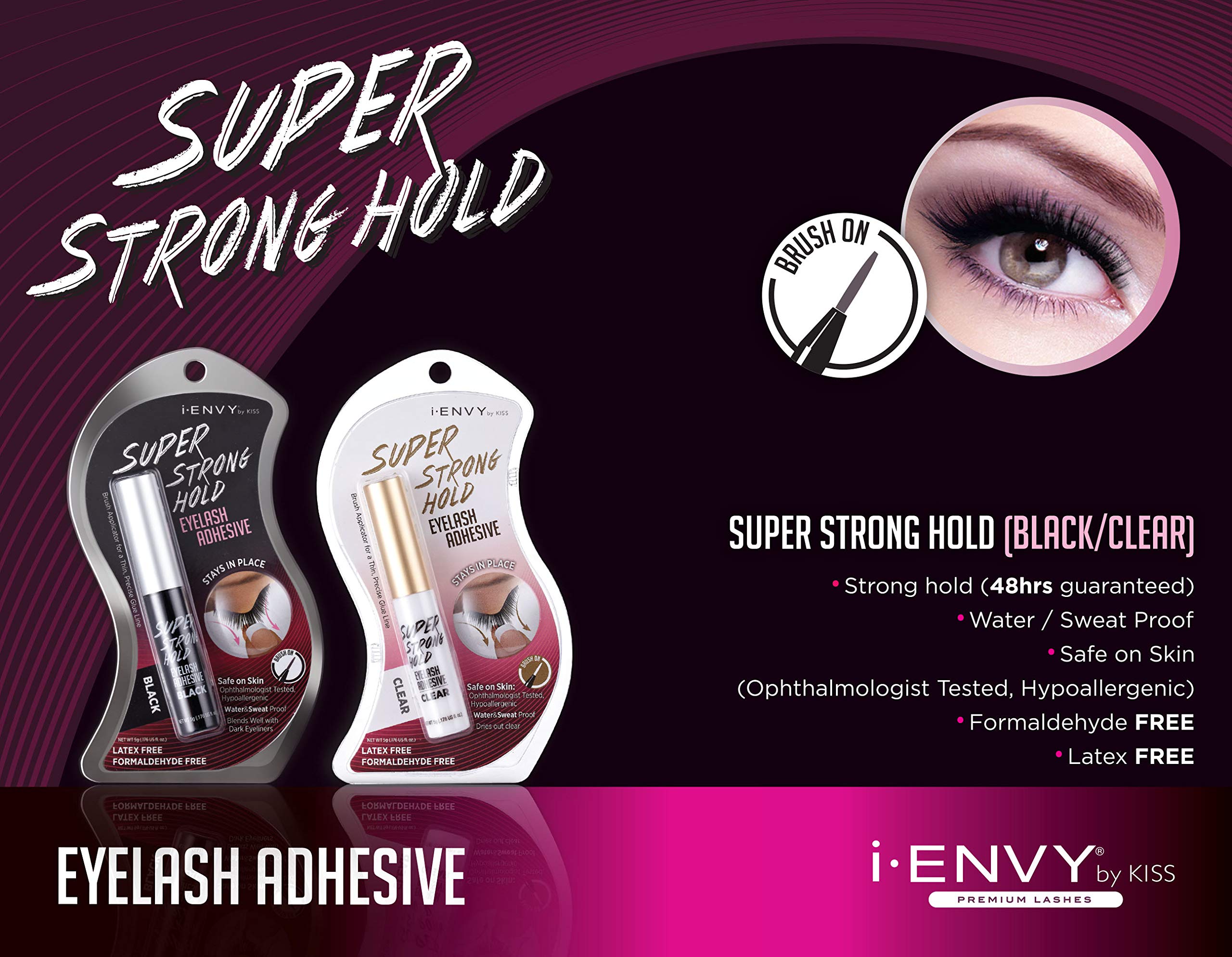 i-Envy by KISS Super Strong Hold Eyelash Adhesive, Waterproof Long-Lasting Strip Lash Glue, Natural-Looking Allergy & Latex Free with Brush Applicator (Clear & Black, Combo Pack)