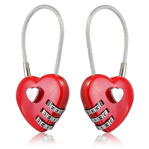 2Pcs Wire Rope Heart Shape Love Lock 3 Digital Combination Padlock Resettable Password for Travel Bags