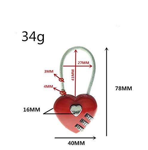 2Pcs Wire Rope Heart Shape Love Lock 3 Digital Combination Padlock Resettable Password for Travel Bags