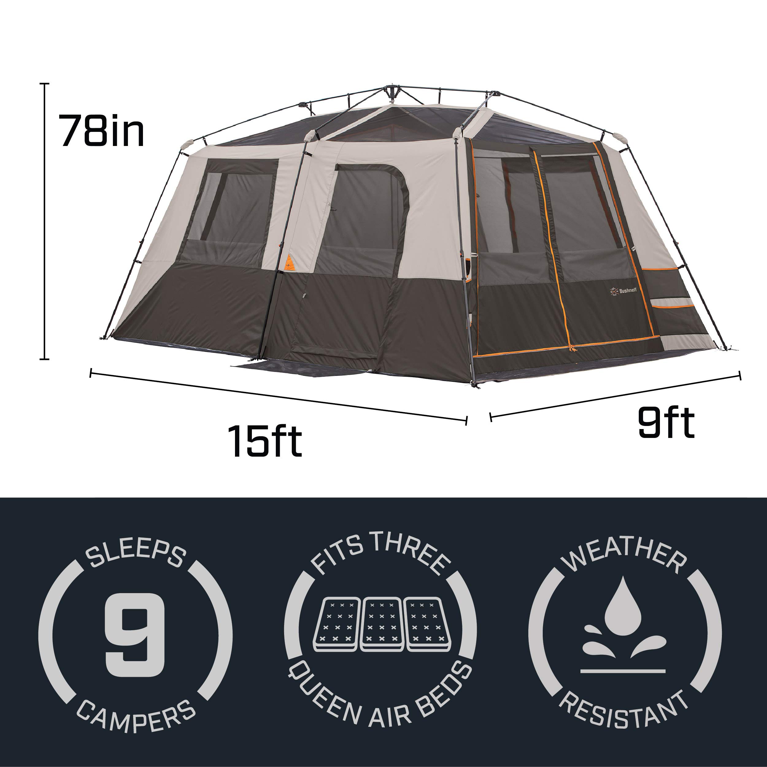 Bushnell Instant Tent | 6 Person / 9 Person / 12 Person Instant Tents Cabin Design Perfect for 3 Season Family Camping Essentials, Hunting, and Fishing with Fast Setup and 2 Rooms (9 Person)