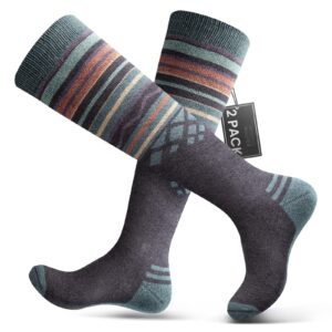 outdoormaster ski socks 2-pack merino wool, non-slip cuff for men & women - gray, l/xl