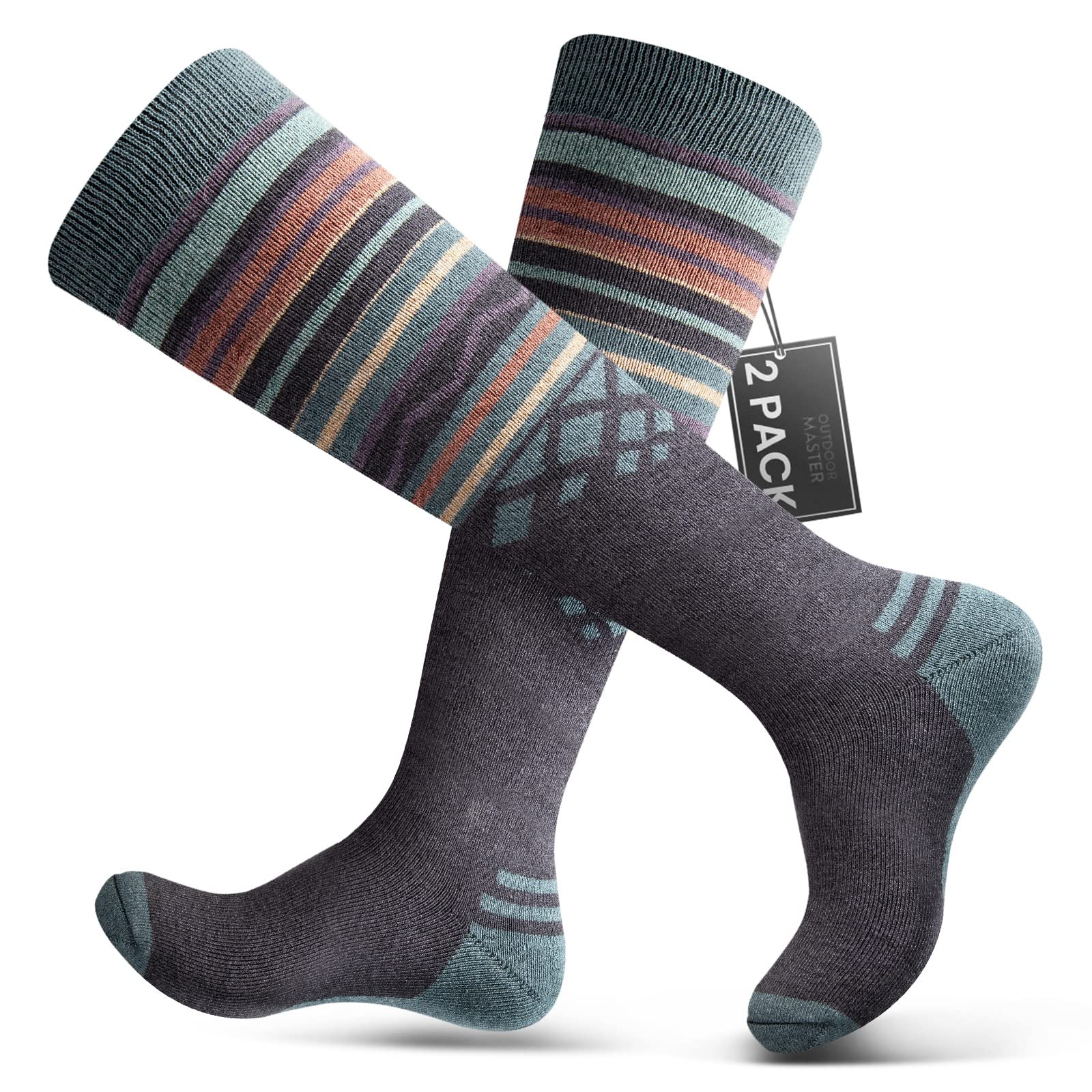 OutdoorMaster Ski Socks 2-Pack Merino Wool, Non-Slip Cuff for Men & Women - Gray, L/XL