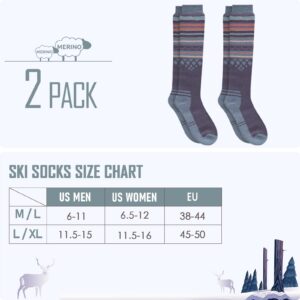 OutdoorMaster Ski Socks 2-Pack Merino Wool, Non-Slip Cuff for Men & Women - Gray, L/XL