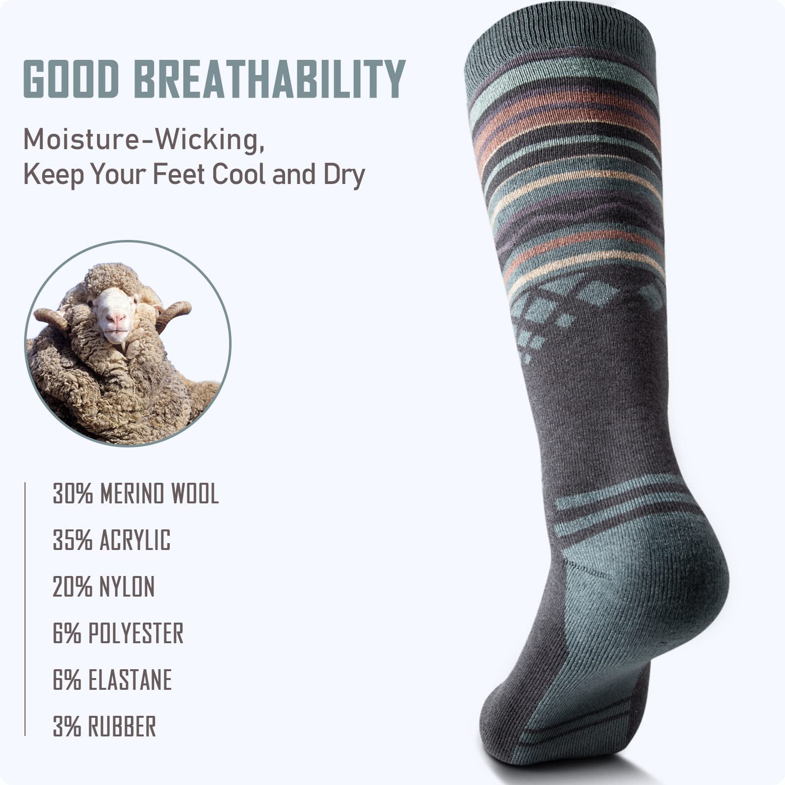 OutdoorMaster Ski Socks 2-Pack Merino Wool, Non-Slip Cuff for Men & Women - Gray, L/XL