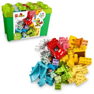 lego duplo classic deluxe brick box 10914 starter set - features storage box, bricks, duplo figures, dog, and car, creative play, great early learning toy for toddlers ages 18+ months