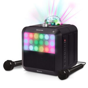 portable karaoke machine - singsation star burst - system comes w/ 2 mics, room-filling light show, retro light panel & works via bluetooth - no cds required - youtube your favorite karaoke songs