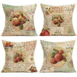 doitely set of 4 apples harvest throw pillow covers decorative pillow cases fruit garden orchard autumn square cotton linen pillowcase vintage flower decor cushion cover 18x18 inch