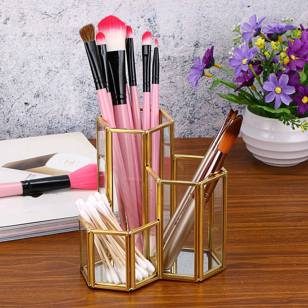 Hipiwe 3 Slots Glass Makeup Brush Holder - Gold Hexagon Cosmetics Brush Eyeliners Display Cup Home Decorative Makeup Organizer Desktop Pen/Pencil Pot Holder for Office