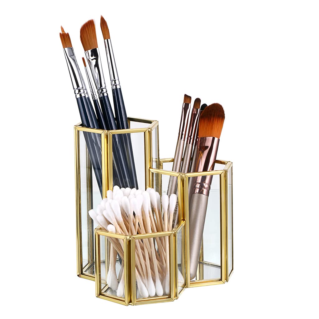 Hipiwe 3 Slots Glass Makeup Brush Holder - Gold Hexagon Cosmetics Brush Eyeliners Display Cup Home Decorative Makeup Organizer Desktop Pen/Pencil Pot Holder for Office