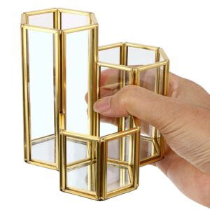 Hipiwe 3 Slots Glass Makeup Brush Holder - Gold Hexagon Cosmetics Brush Eyeliners Display Cup Home Decorative Makeup Organizer Desktop Pen/Pencil Pot Holder for Office