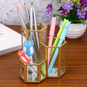 Hipiwe 3 Slots Glass Makeup Brush Holder - Gold Hexagon Cosmetics Brush Eyeliners Display Cup Home Decorative Makeup Organizer Desktop Pen/Pencil Pot Holder for Office