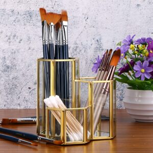 Hipiwe 3 Slots Glass Makeup Brush Holder - Gold Hexagon Cosmetics Brush Eyeliners Display Cup Home Decorative Makeup Organizer Desktop Pen/Pencil Pot Holder for Office