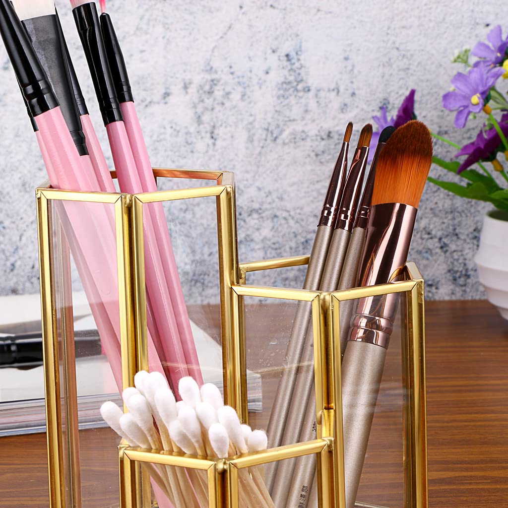 Hipiwe 3 Slots Glass Makeup Brush Holder - Gold Hexagon Cosmetics Brush Eyeliners Display Cup Home Decorative Makeup Organizer Desktop Pen/Pencil Pot Holder for Office