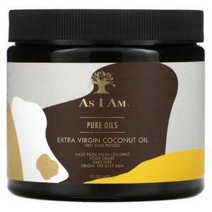 as i am pure oils extra virgin coconut oil - 15 ounce - cold pressed - 100% pure and unrefined cocos nucifera oil - sourced from fresh coconuts flown in from far east asia