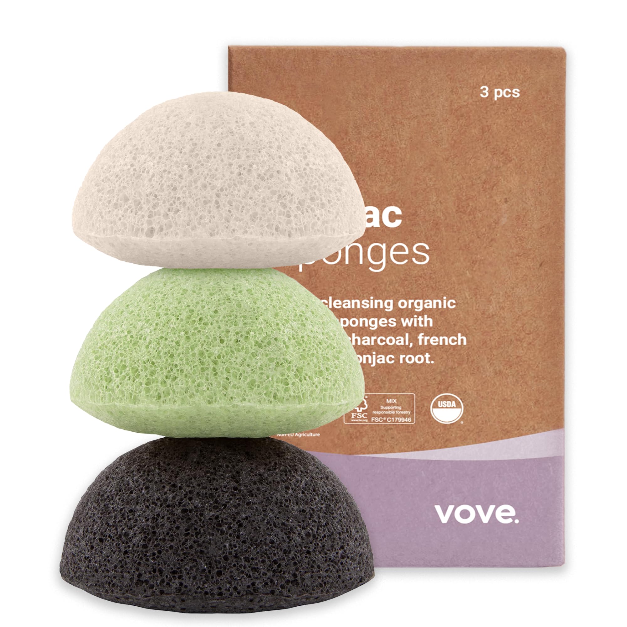 Vove | Premium Organic Konjac Sponge | 3 Pack | Biodegradable & Eco-Friendly | Charcoal & French Clay | Gentle Face Exfoliator | All Skin Types