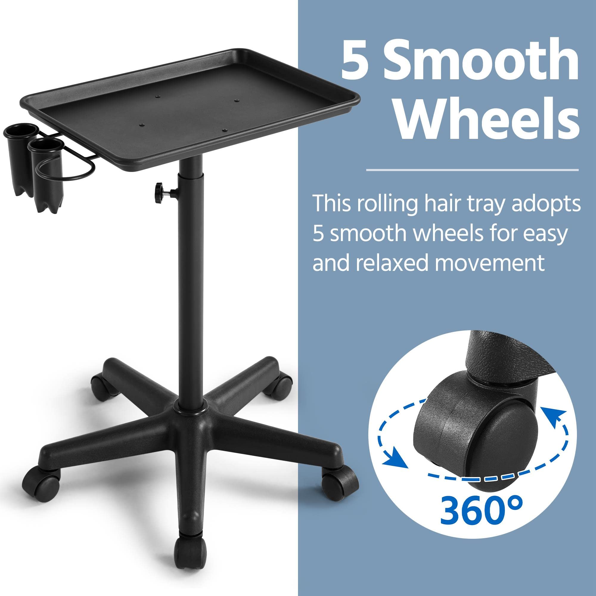 Yaheetech Rolling Salon Tray - Aluminum Trolley Cart Equipment on Wheels & Adjustable Height Mobile Beauty Salon Spa Stools Service Instrument Storage Tray w/Accessory Caddy - Black