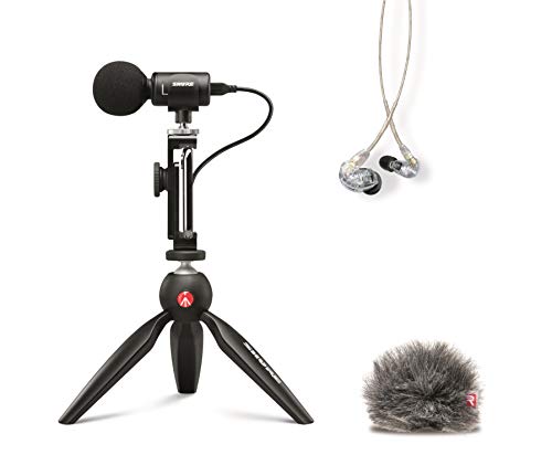 Shure Portable Videography Kit - Professional Recording Rig with MV88+ iPhone Mic, Manfrotto PIXI Tripod, Phone Clamp, Mount, AMV88-Fur Windjammer and SE215 PRO Sound Isolating Earbuds (MV88+SE215-CL)