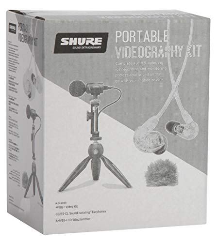 Shure Portable Videography Kit - Professional Recording Rig with MV88+ iPhone Mic, Manfrotto PIXI Tripod, Phone Clamp, Mount, AMV88-Fur Windjammer and SE215 PRO Sound Isolating Earbuds (MV88+SE215-CL)