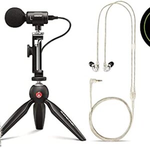 Shure Portable Videography Kit - Professional Recording Rig with MV88+ iPhone Mic, Manfrotto PIXI Tripod, Phone Clamp, Mount, AMV88-Fur Windjammer and SE215 PRO Sound Isolating Earbuds (MV88+SE215-CL)