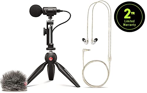 Shure Portable Videography Kit - Professional Recording Rig with MV88+ iPhone Mic, Manfrotto PIXI Tripod, Phone Clamp, Mount, AMV88-Fur Windjammer and SE215 PRO Sound Isolating Earbuds (MV88+SE215-CL)