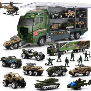 26 pcs military truck with soldier men set(2 in 1), mini die-cast battle car in carrier truck, army toy double side transport vehicle for kid child girl boy play birthday party favors