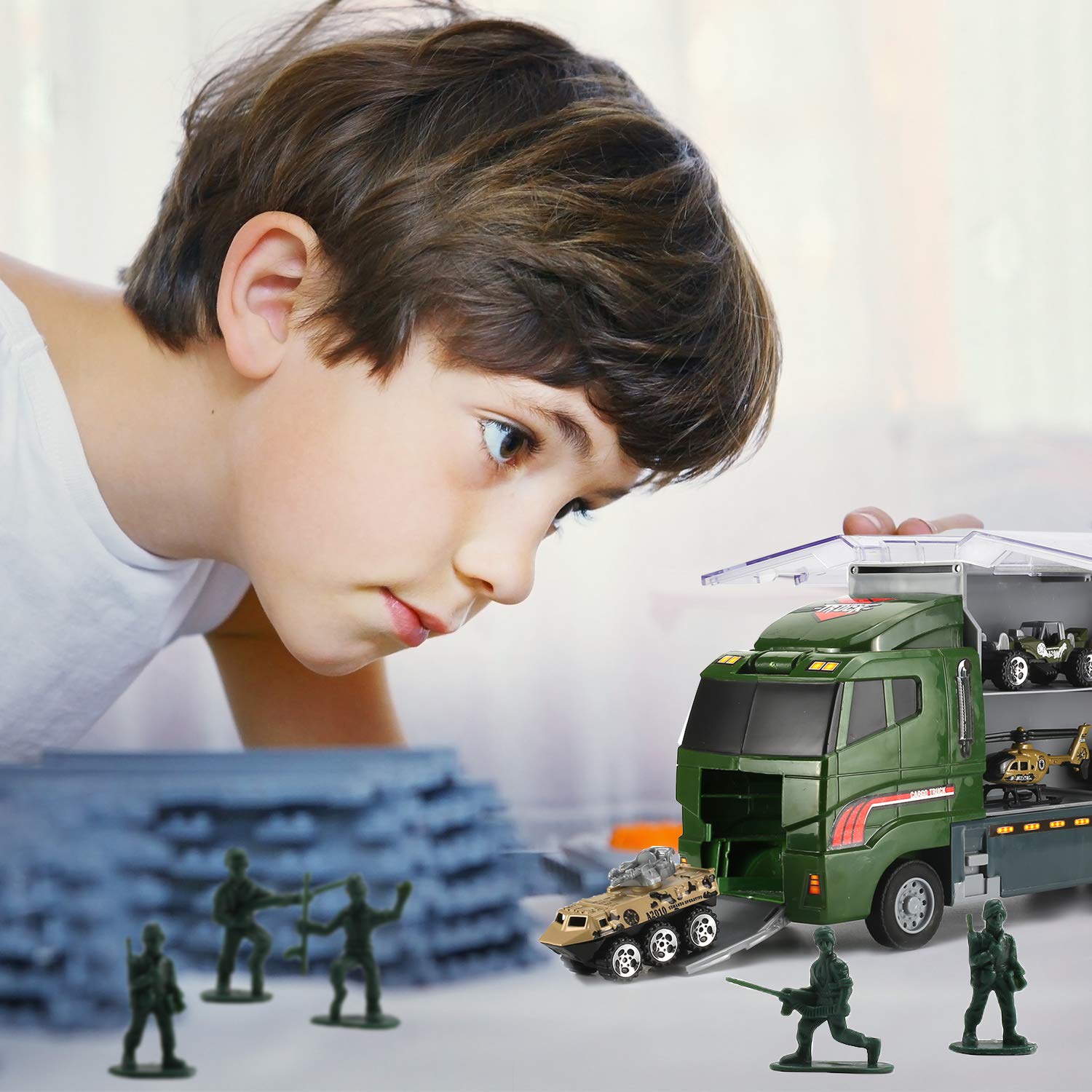 26 Pcs Military Truck with Soldier Men Set(2 in 1), Mini Die-cast Battle Car in Carrier Truck, Army Toy Double Side Transport Vehicle for Kid Child Girl Boy Play Birthday Party Favors