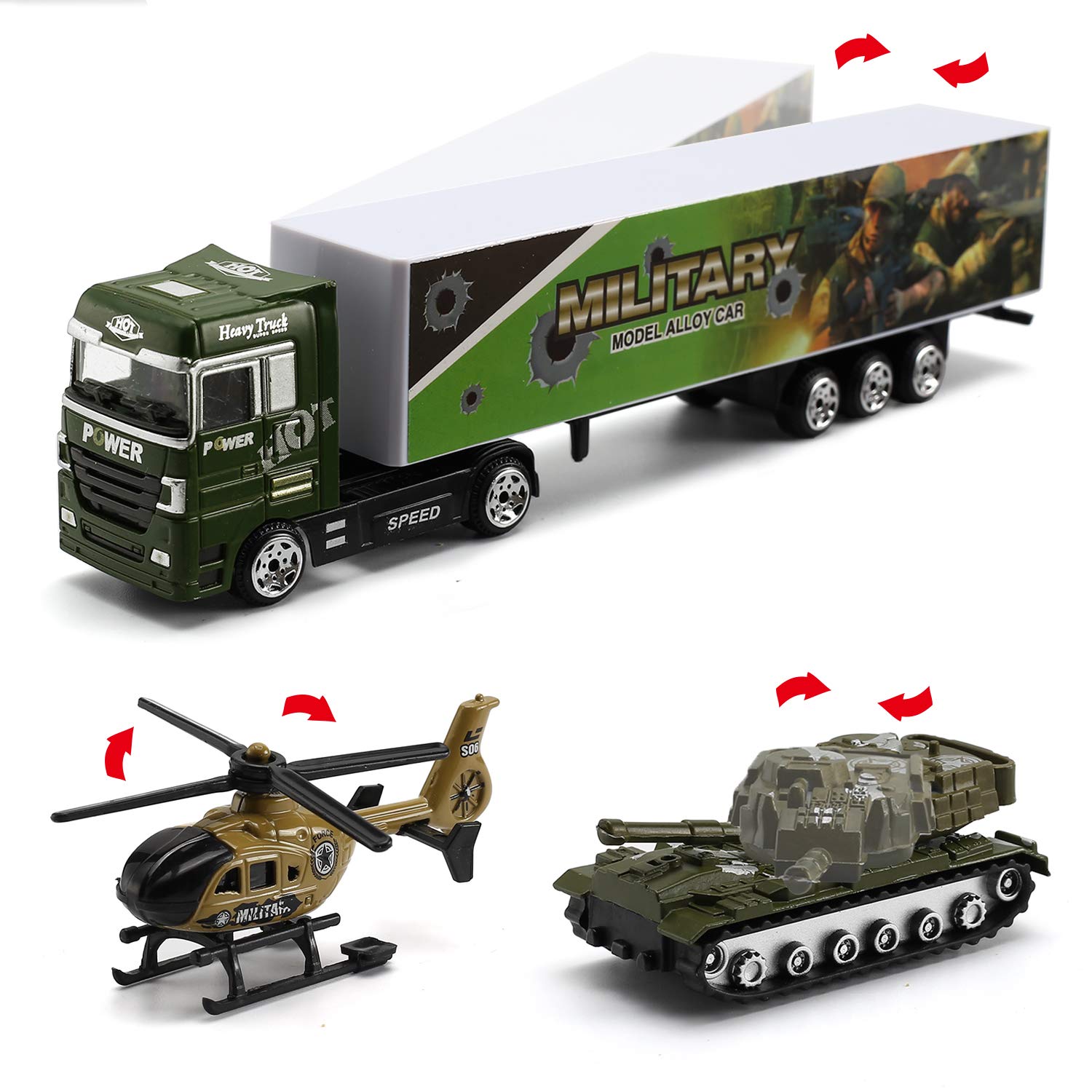 26 Pcs Military Truck with Soldier Men Set(2 in 1), Mini Die-cast Battle Car in Carrier Truck, Army Toy Double Side Transport Vehicle for Kid Child Girl Boy Play Birthday Party Favors