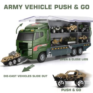 26 Pcs Military Truck with Soldier Men Set(2 in 1), Mini Die-cast Battle Car in Carrier Truck, Army Toy Double Side Transport Vehicle for Kid Child Girl Boy Play Birthday Party Favors